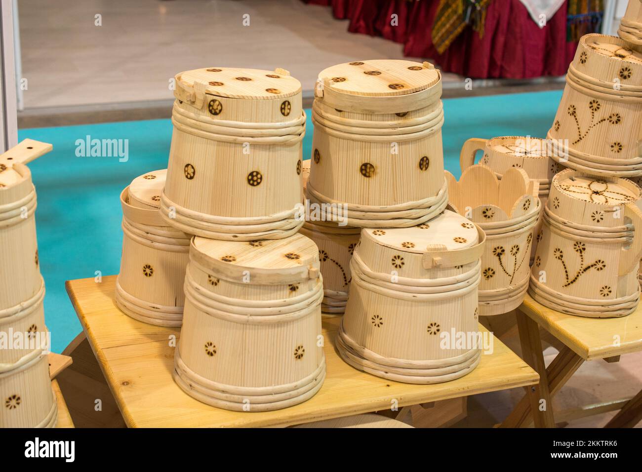 Set of buckets made of wood in a market place Stock Photo - Alamy