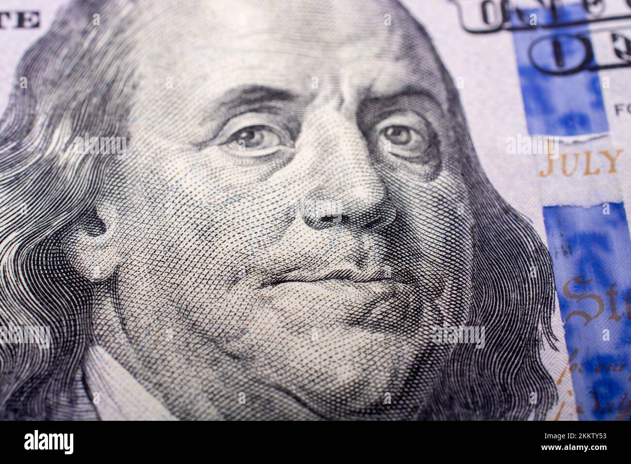 Close up of Benjamin Franklin face on 100 US dollar bill Stock Photo ...