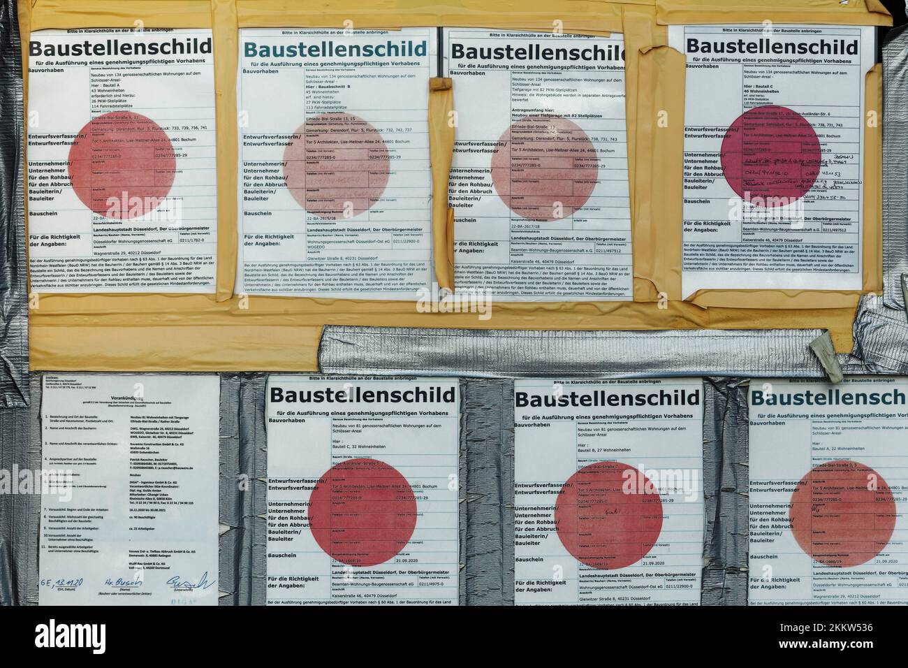 Several construction signs in transparent cover at a large construction ...