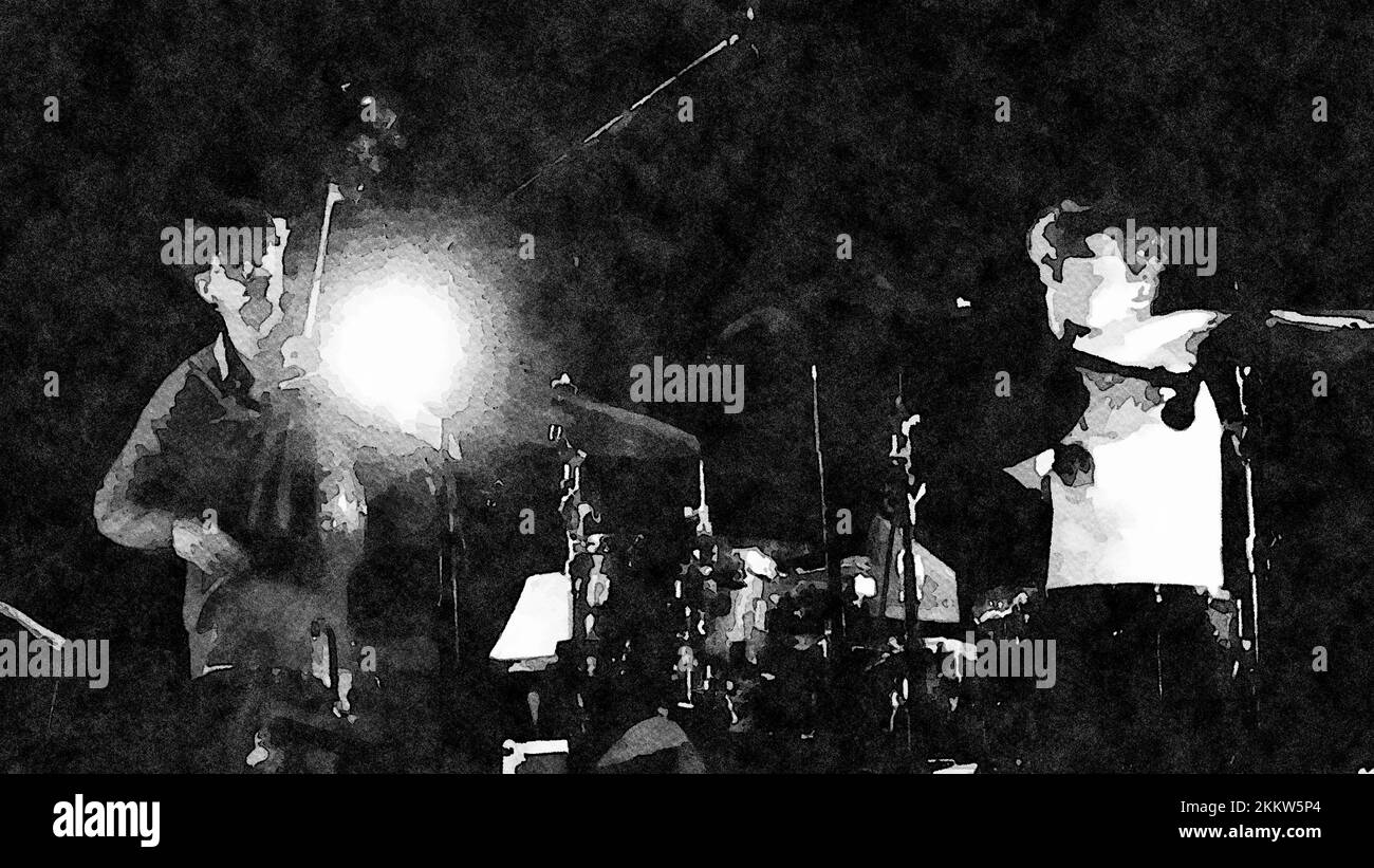 A double bass player and a drummer in the middle of a live night ...