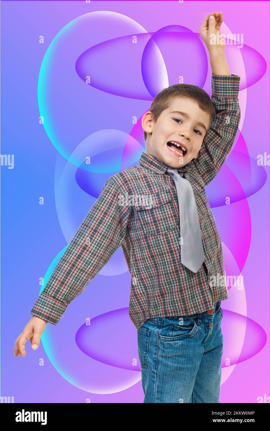 Excited little boy shouting and holding a hand up isolated on white ...