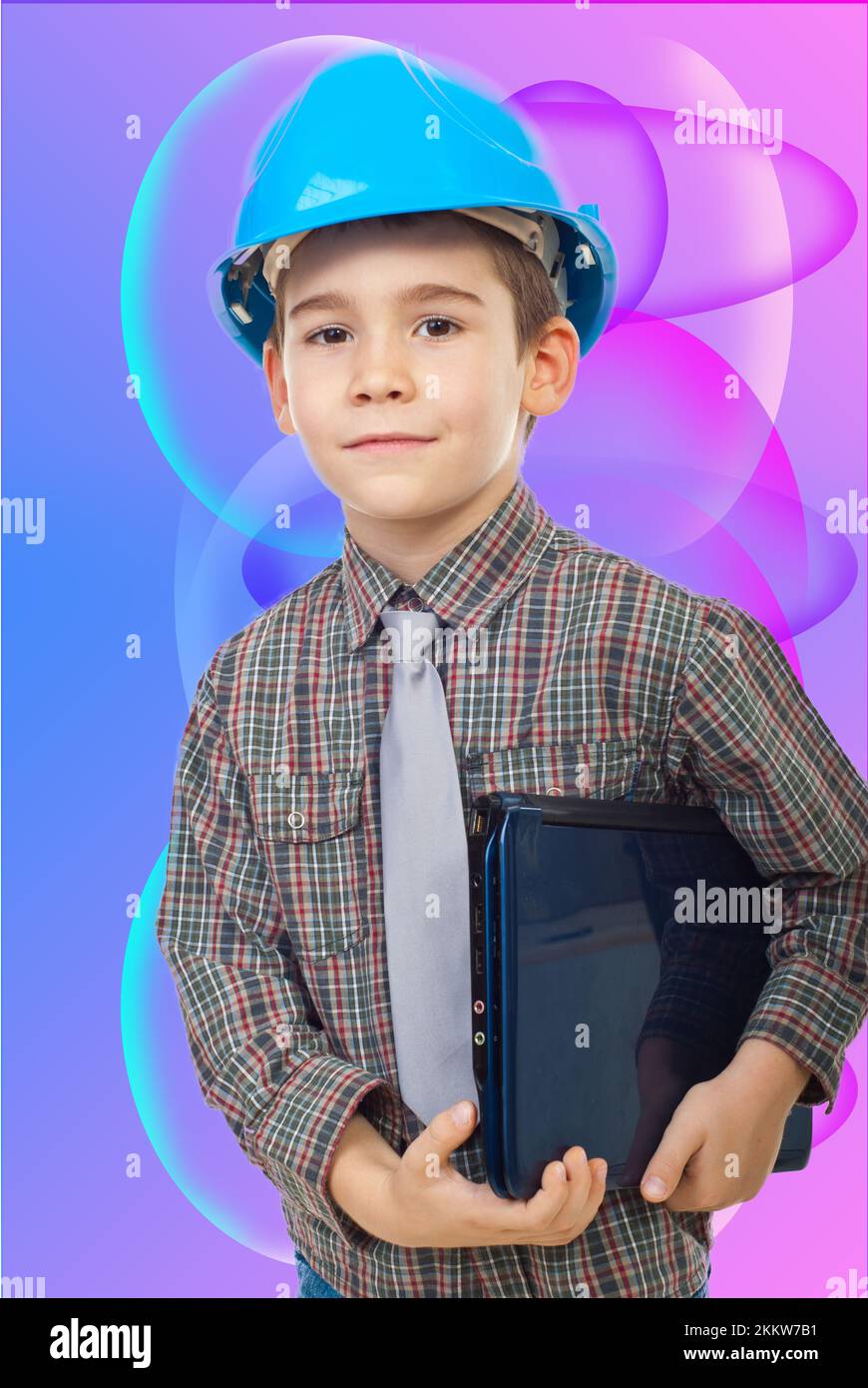 Little future architect with helmet holding notebook isolated on white ...