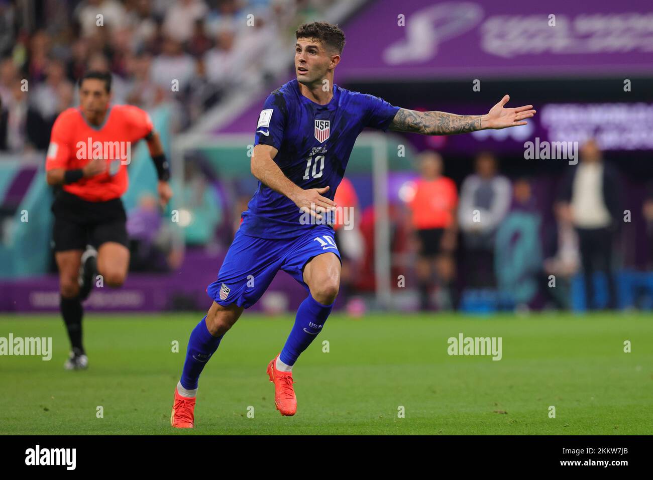 Al Khor, Qatar. 25th Nov, 2022. Christian Pulisic of USA gestures ...