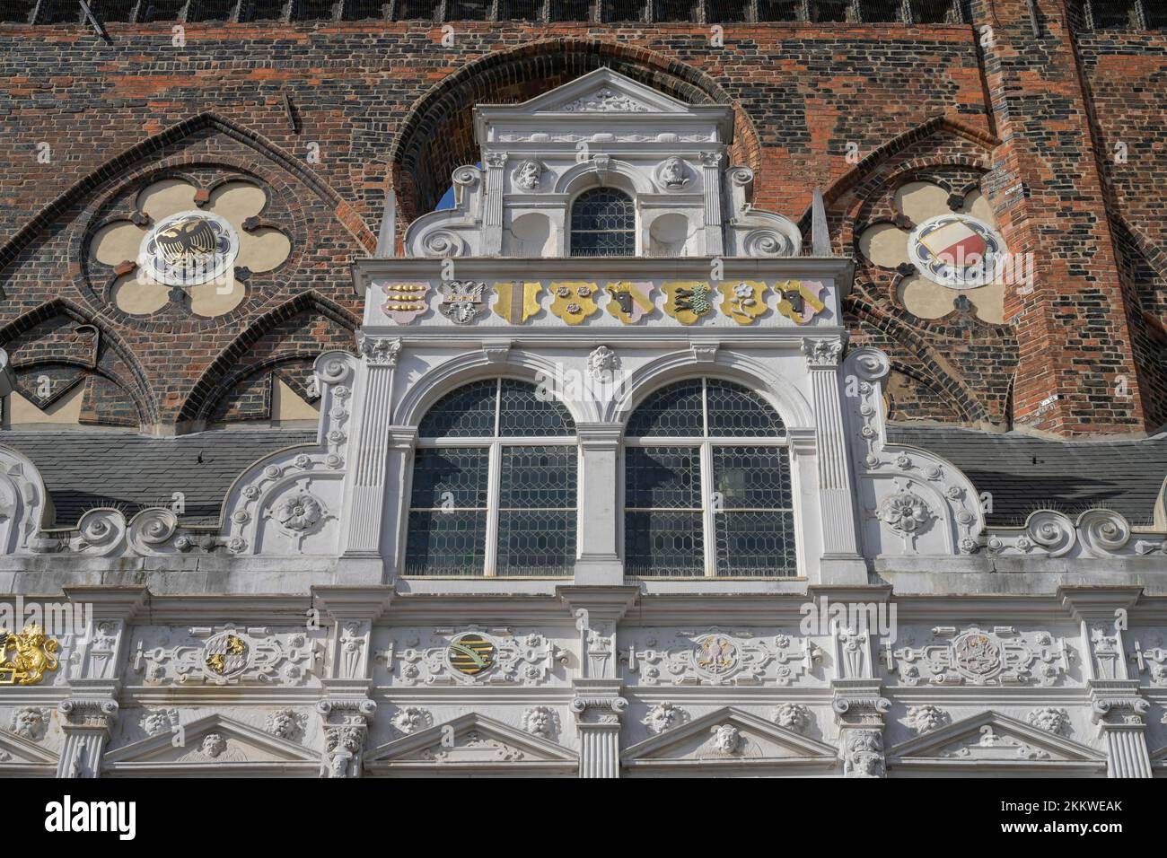 Renaissance dormer, Gothic shield wall (rear), town hall, market ...