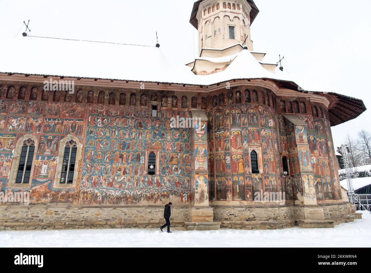 Moldovita, Romania, 2021-12-29. Moldovita Monastery, in the Bukovina region. Its exterior walls ...