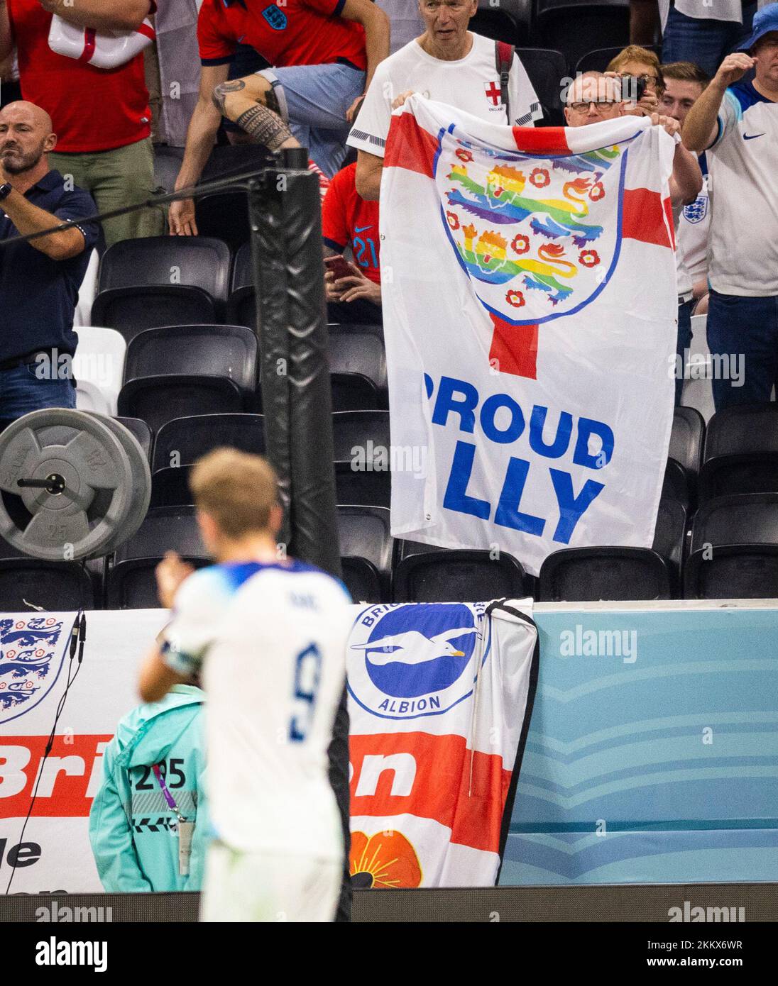 Doha, Qatar. 25th Nov, 2022. English fans with rainbow flag infant of ...