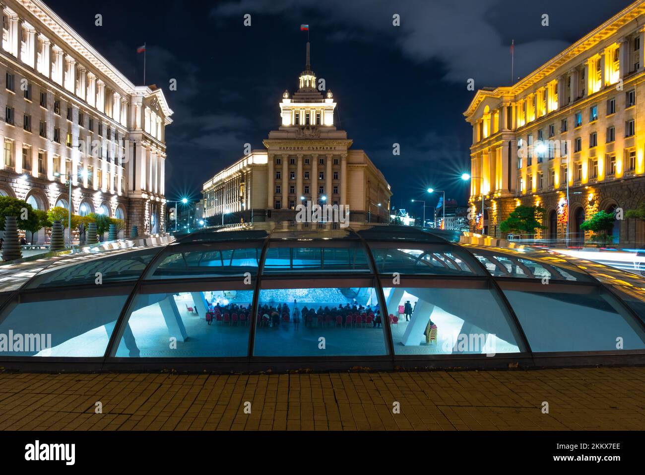 night lights of Sofia city centre architecture, famous buildings ...
