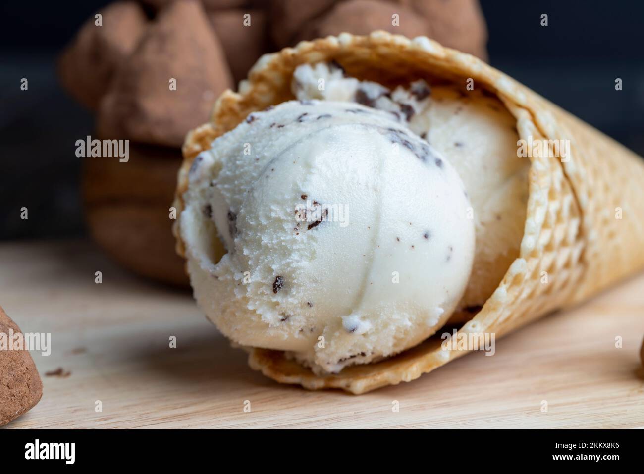 Sweet ice cream with chocolate pieces, creamy ice cream with chocolate ...