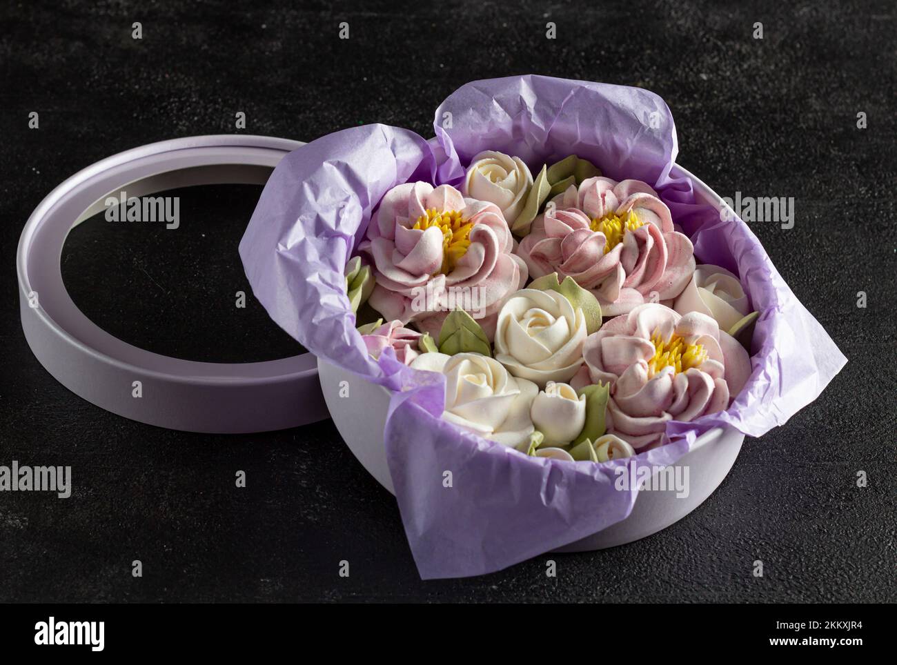 Homemade marshmallows in a gift box. delicate design card Stock Photo ...