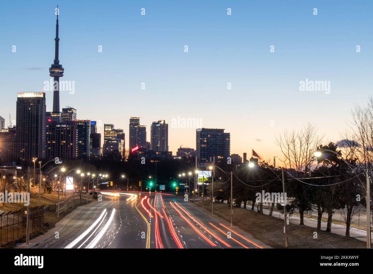 Above Lakeshore Boulevard in downtown Toronto, traffic, light trails ...