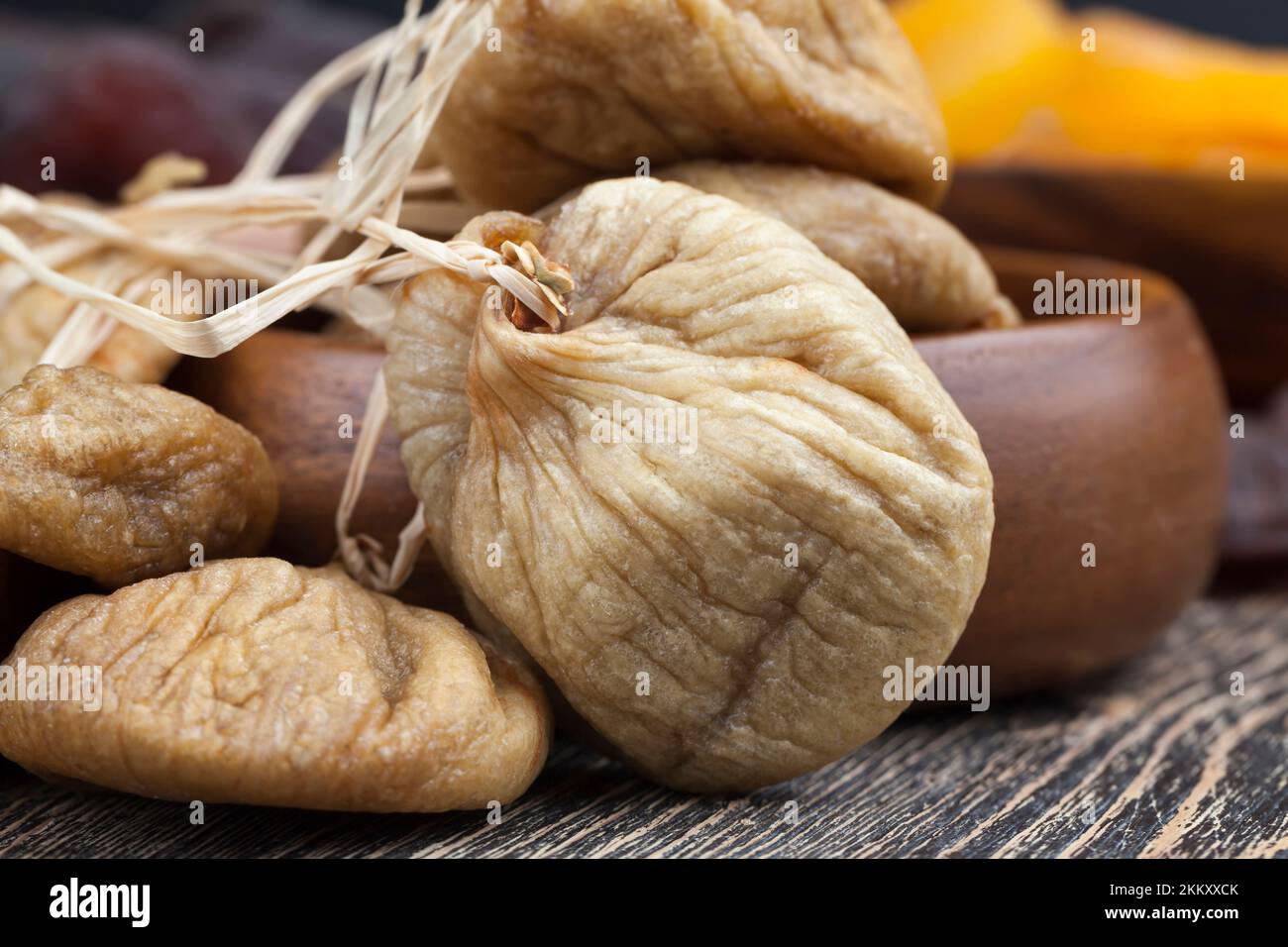 Dried fig fruits on the table, natural sweetness dried ripe yellow figs ...