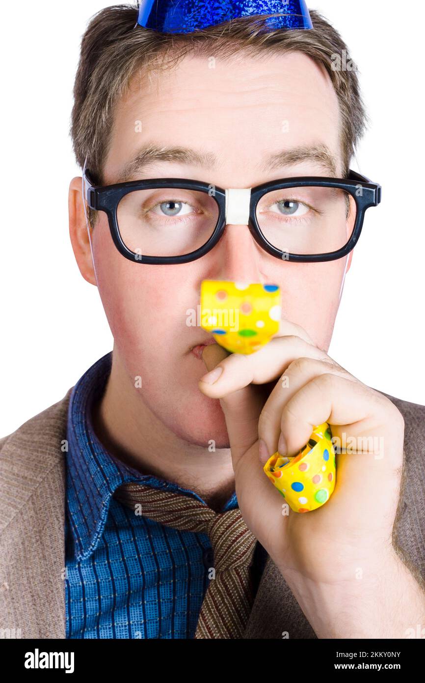 Humorous photograph of the face of a male geek wearing taped eyewear ...