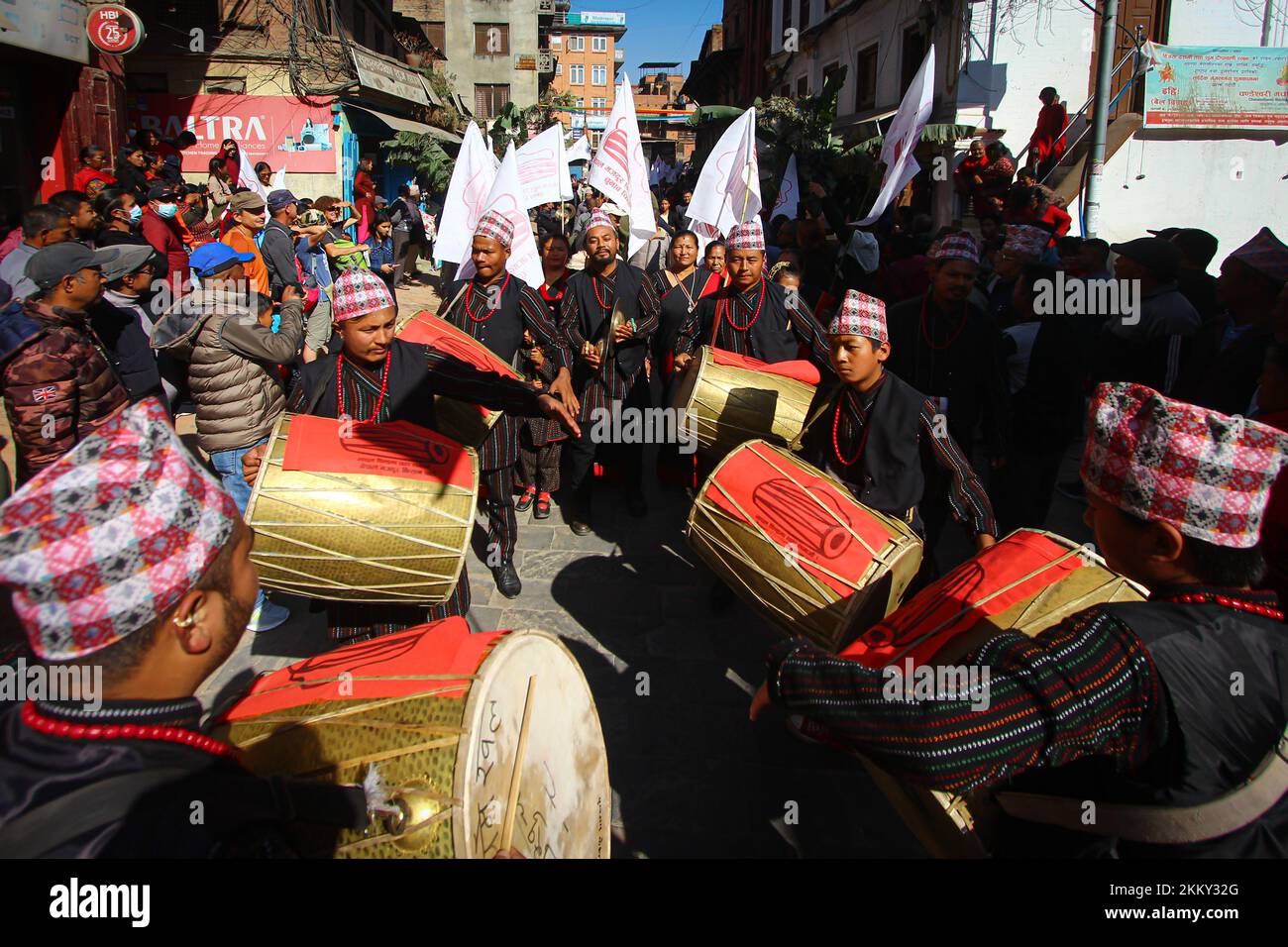 Nepal. 26th Nov, 2022. The supporters play traditional musical ...
