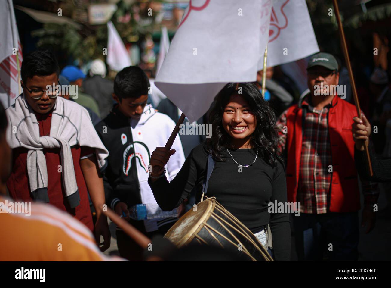 Nepal. 26th Nov, 2022. The supporters play traditional musical ...