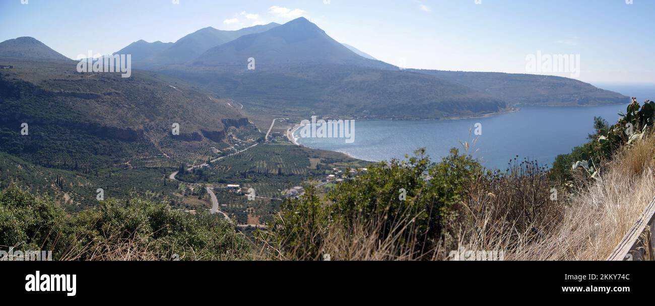 Sea coast at Neo Oitylo, panoramic shot, bay under the old village of ...