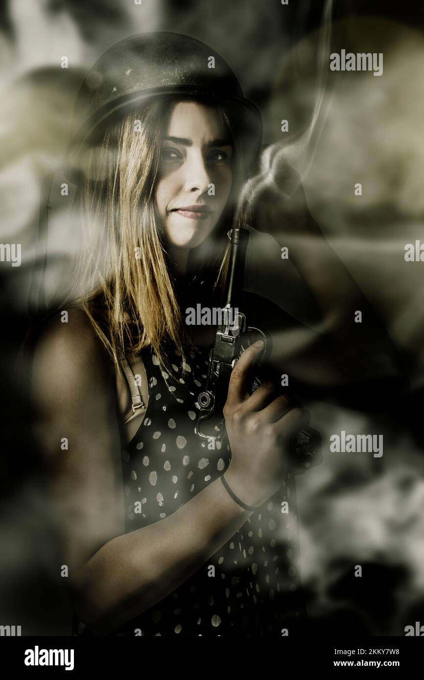 Woman holding smoking gun hi-res stock photography and images - Alamy