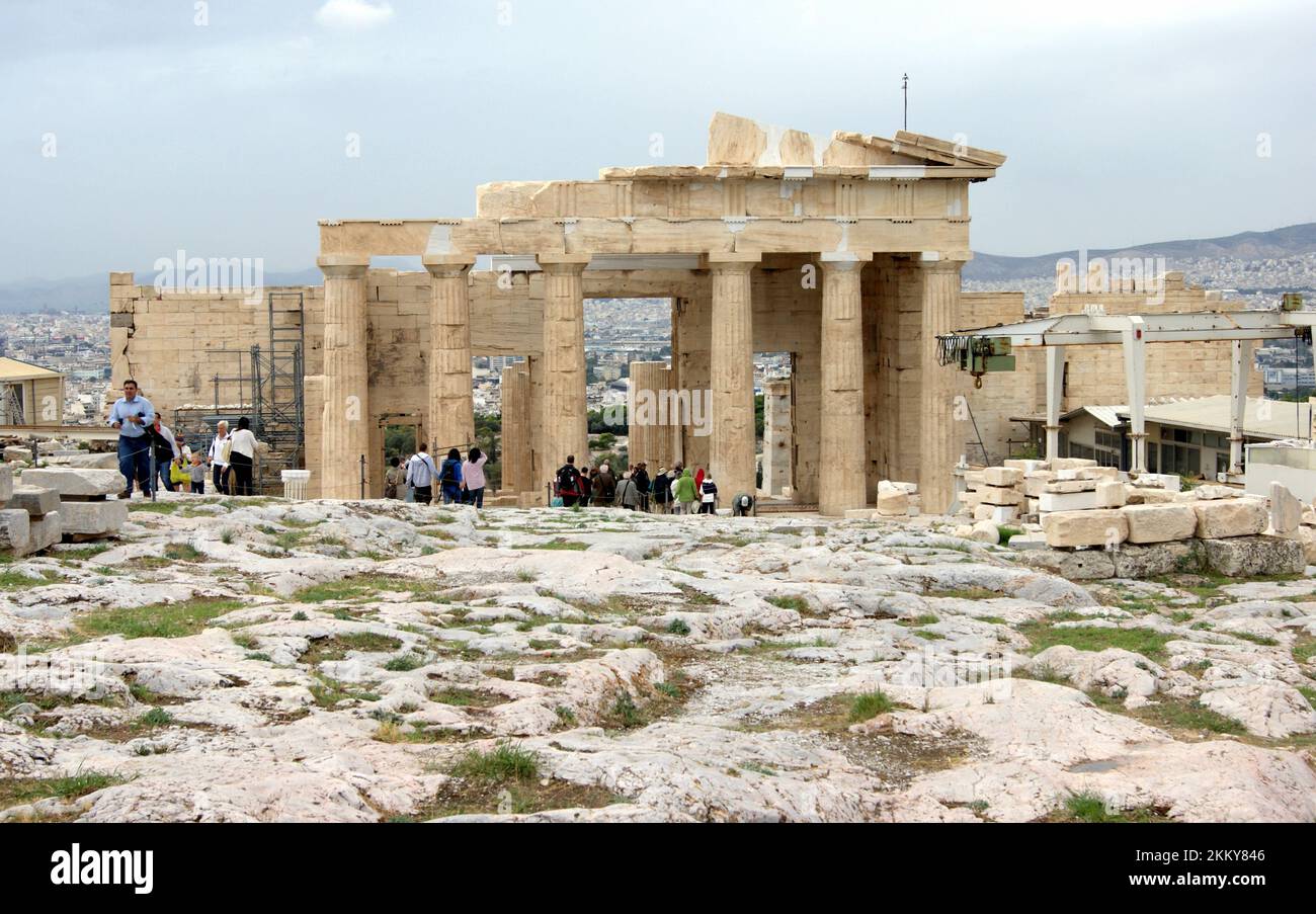 Scene inside the Acropolis, inner side of Propylaia, view in western ...