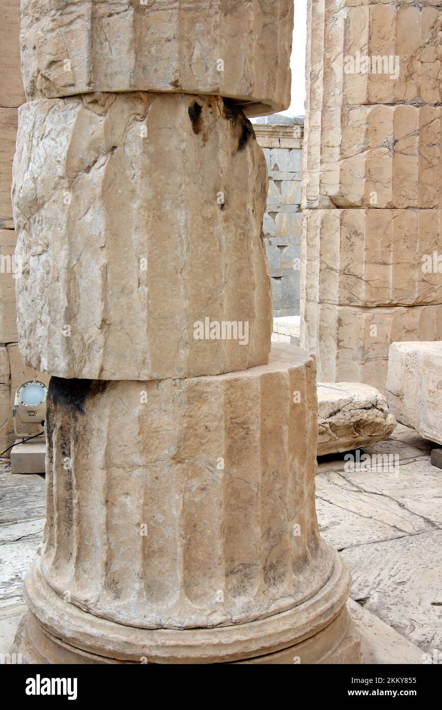 Architectural details, shifted faceted stone blocks of a column at the ...