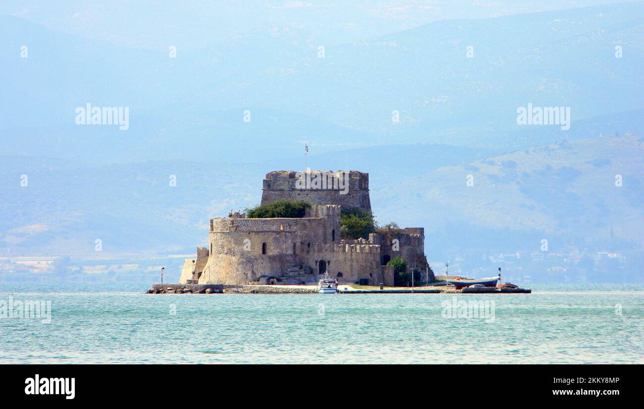 Bourtzi Castle, 15th-century Venetian fort on the islet in the middle ...