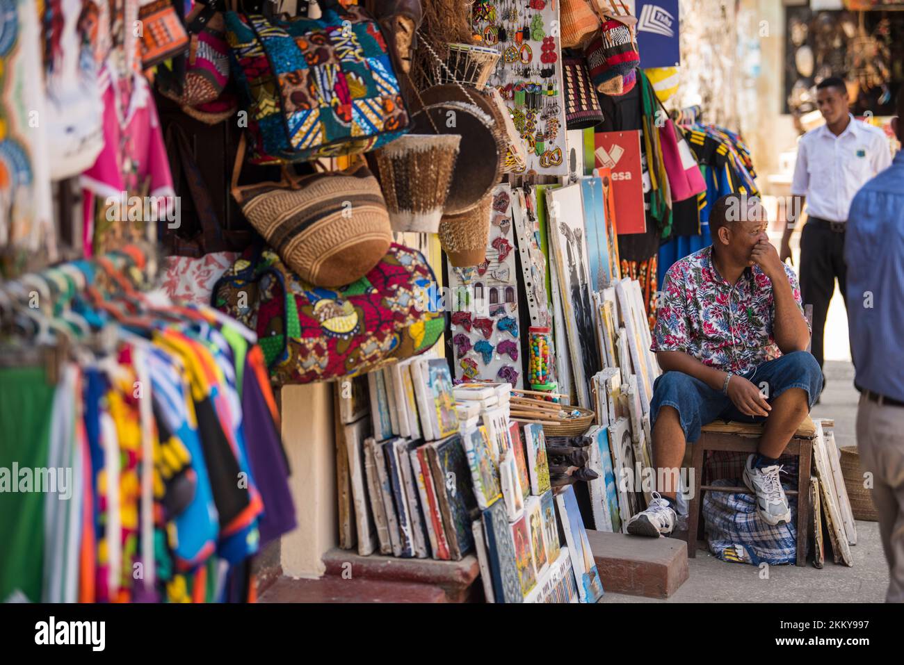 Zanzibar City, Tanzania - January 02,2022: All kinds of souvenirs ...