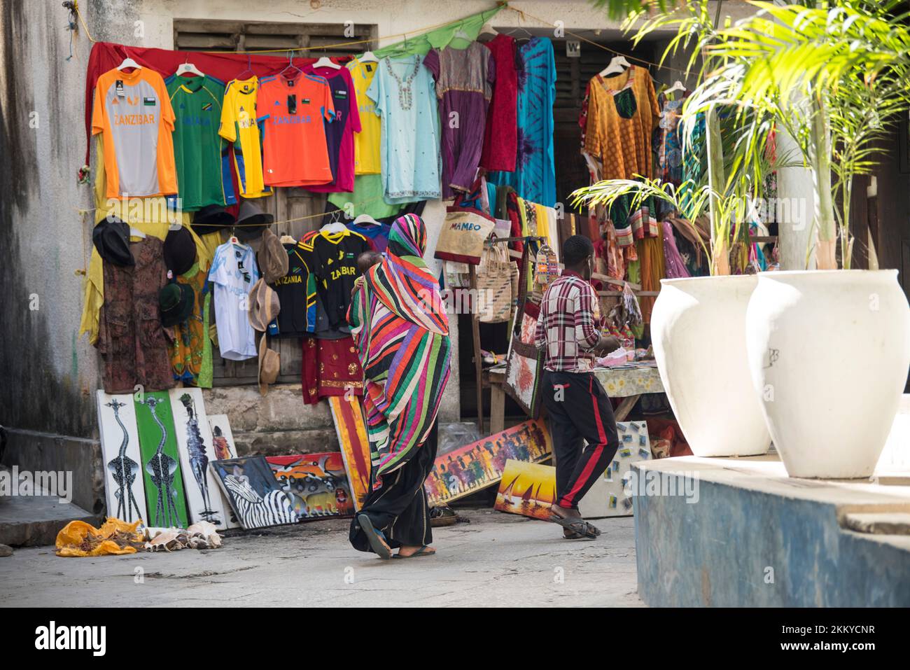 Zanzibar City, Tanzania - January 02,2022: All kinds of souvenirs ...