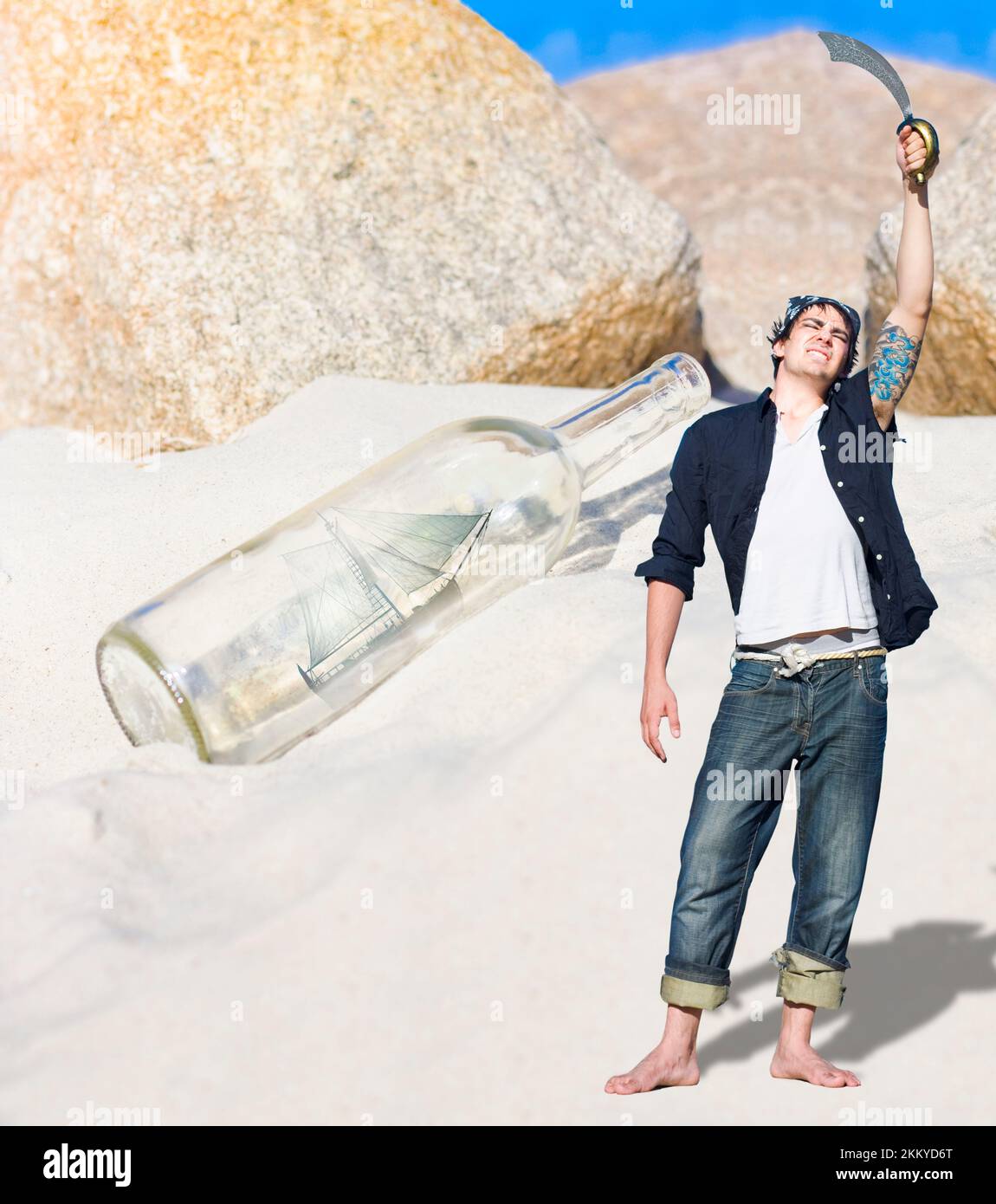 Celebrating Scene Sees A Pirate With Tattoos And Bandana Raise Up A ...