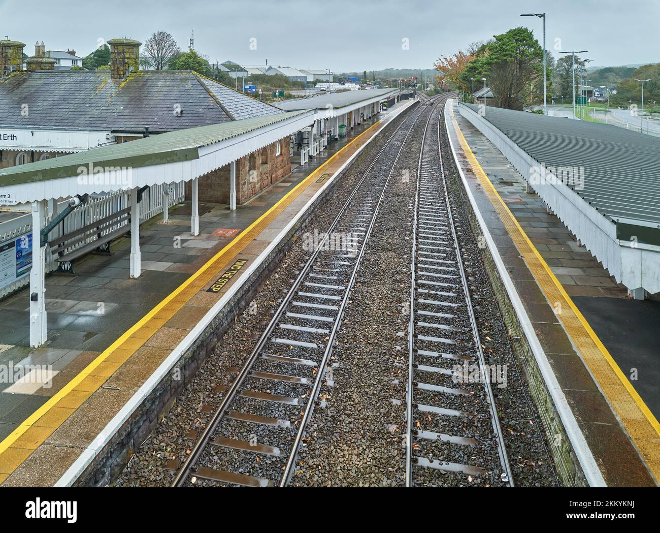 Rail track and platform on the GWR railway line at St Erth rail station ...