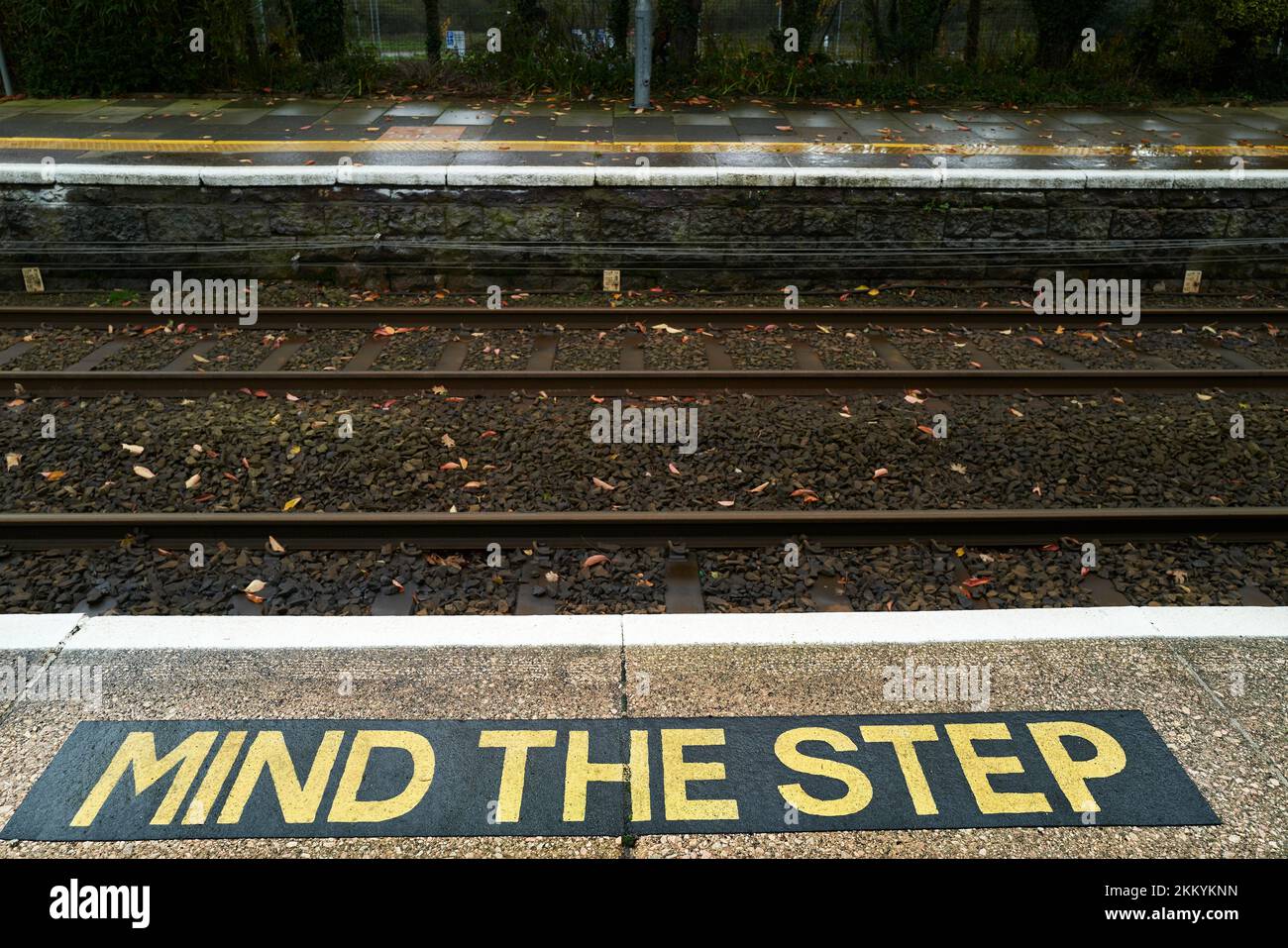 'Mind the step' notice at St Erth rail station, Cornwall, England Stock ...