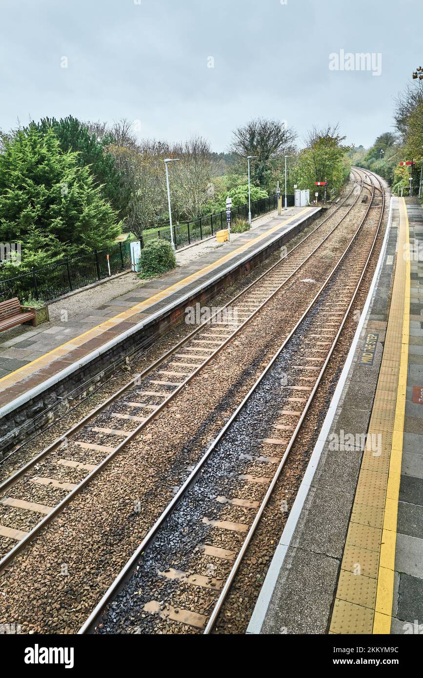 Rail track and platform on the GWR railway line at St Erth rail station ...
