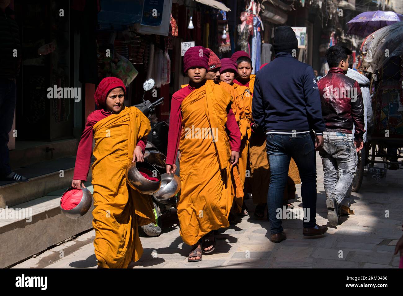 Kathmandu, Nepal- April 20,2019 : Buddhist monks walk the streets of ...