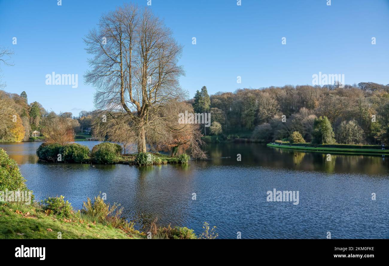 autumn afternoon sunshine illuminates woodland and the island in the ...