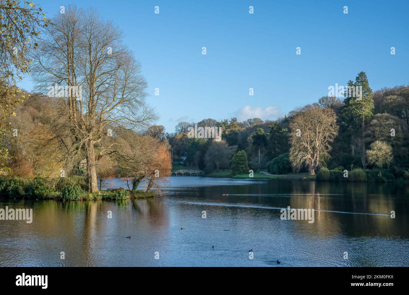 autumn afternoon sunshine illuminates woodland and the island in the ...