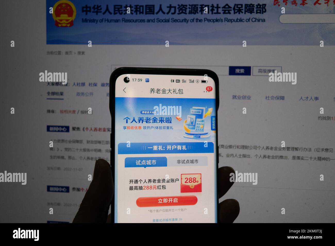 A citizen checks information about his personal pension via his mobile ...