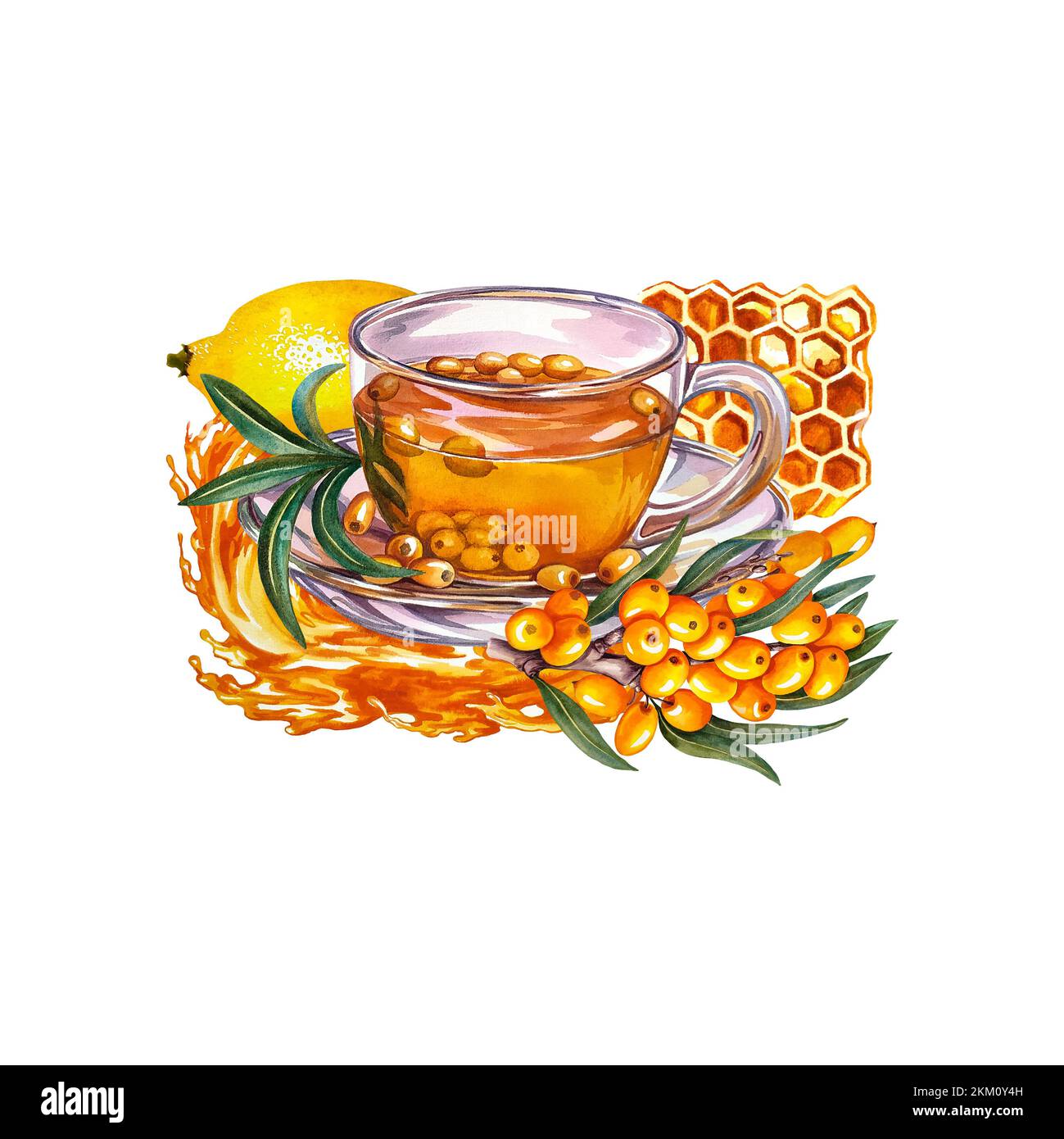 Sea buckthorn tea. Glass cup with vitamin tea, lemon and honey ...