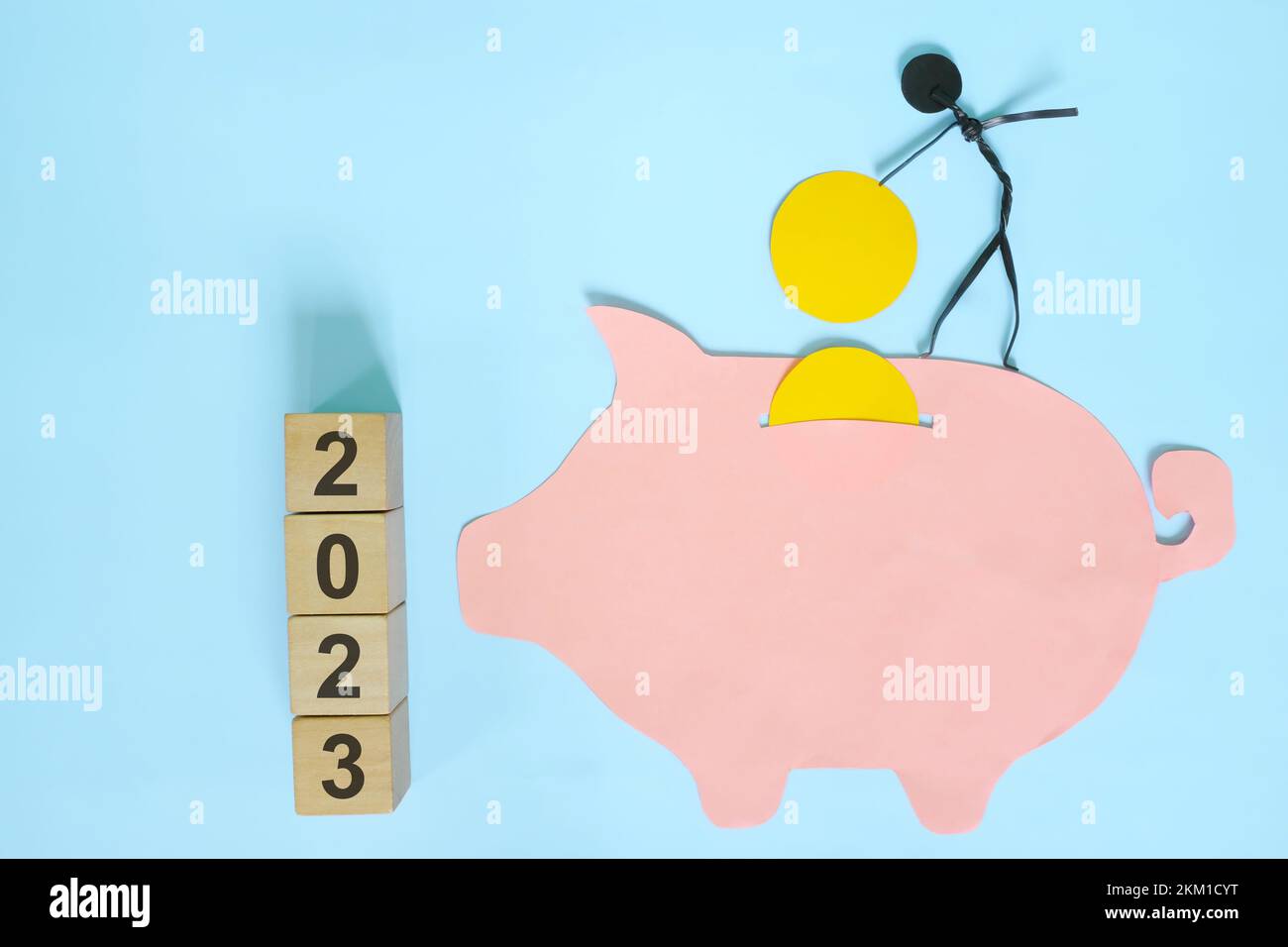 New year 2023 start saving resolution concept. Stick figure putting ...