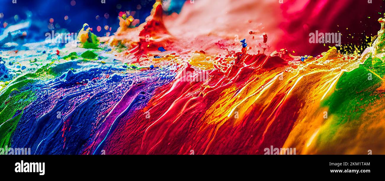 panorama Exploding liquid paint in rainbow colors with splashes header ...