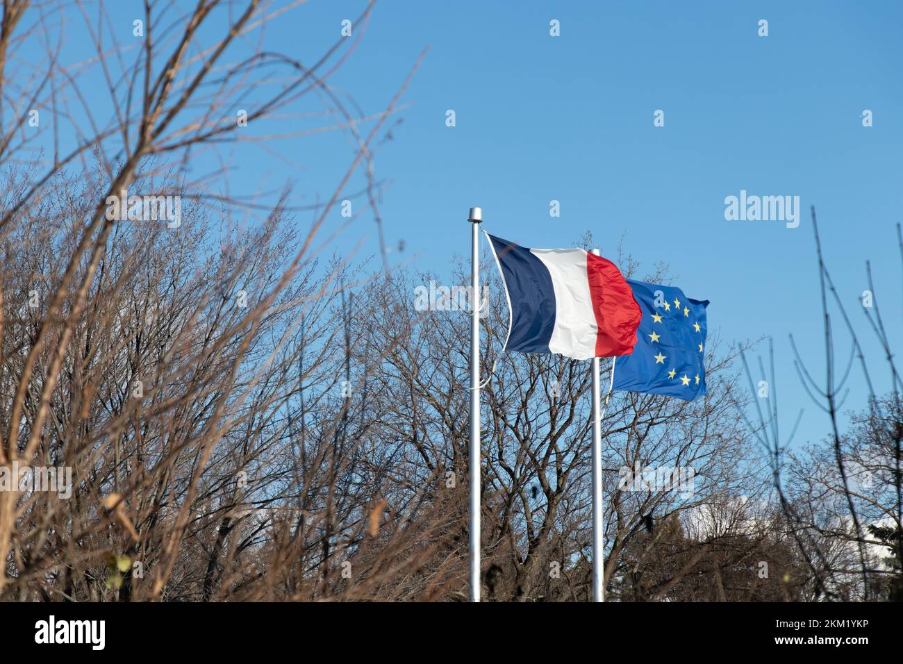 The Flag of France and Flag of Europe are seen together at the Embassy ...