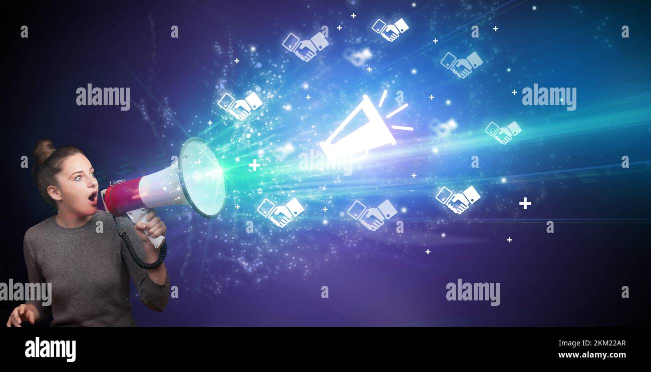 Young person with megaphone and business icon Stock Photo - Alamy