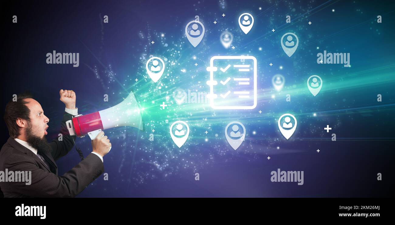 Young person with megaphone and business icon Stock Photo - Alamy