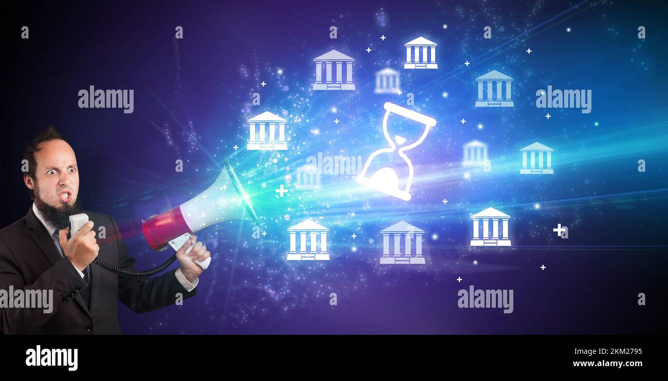 Young person with megaphone and business icon Stock Photo - Alamy