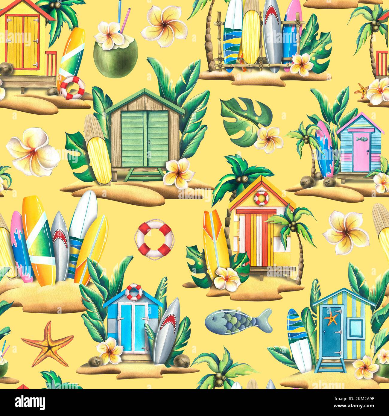 Surfboards, wooden beach houses, tropical plants and flowers ...