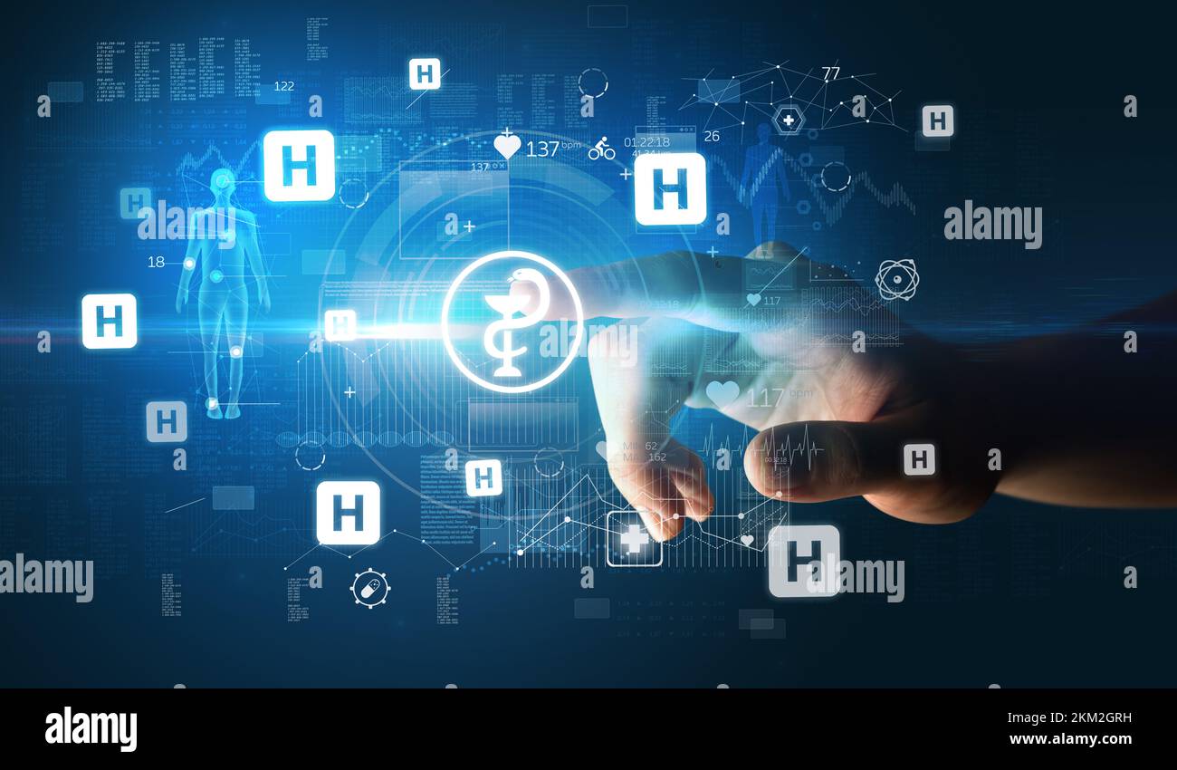 Doctor hand pressing futuristic health device with medical symbol on ...