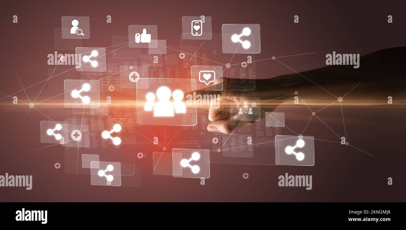 Hand pressing social media multimedia application screen with media ...