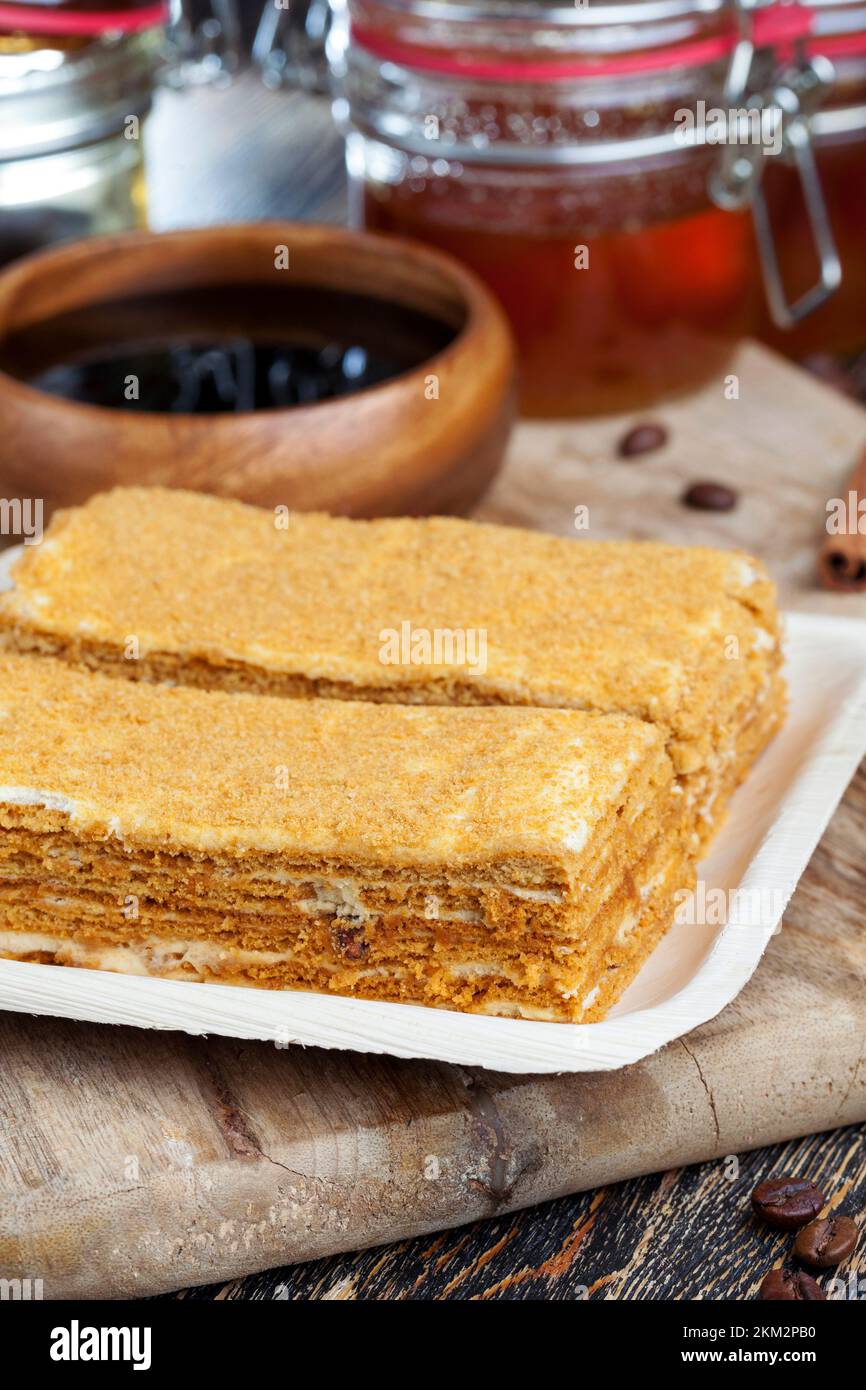 sliced puff pastry of cakes with honey and cream filling, honey cake ...