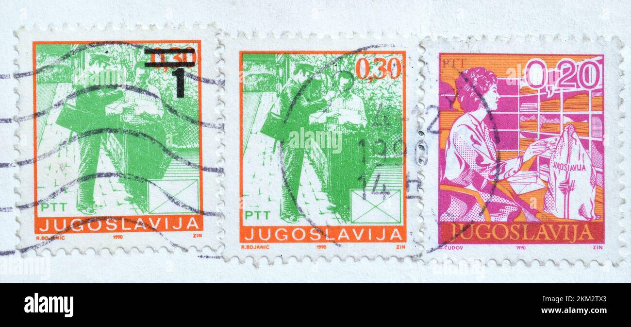 Cancelled postage stamps printed by Yugoslavia, that shows Postman ...