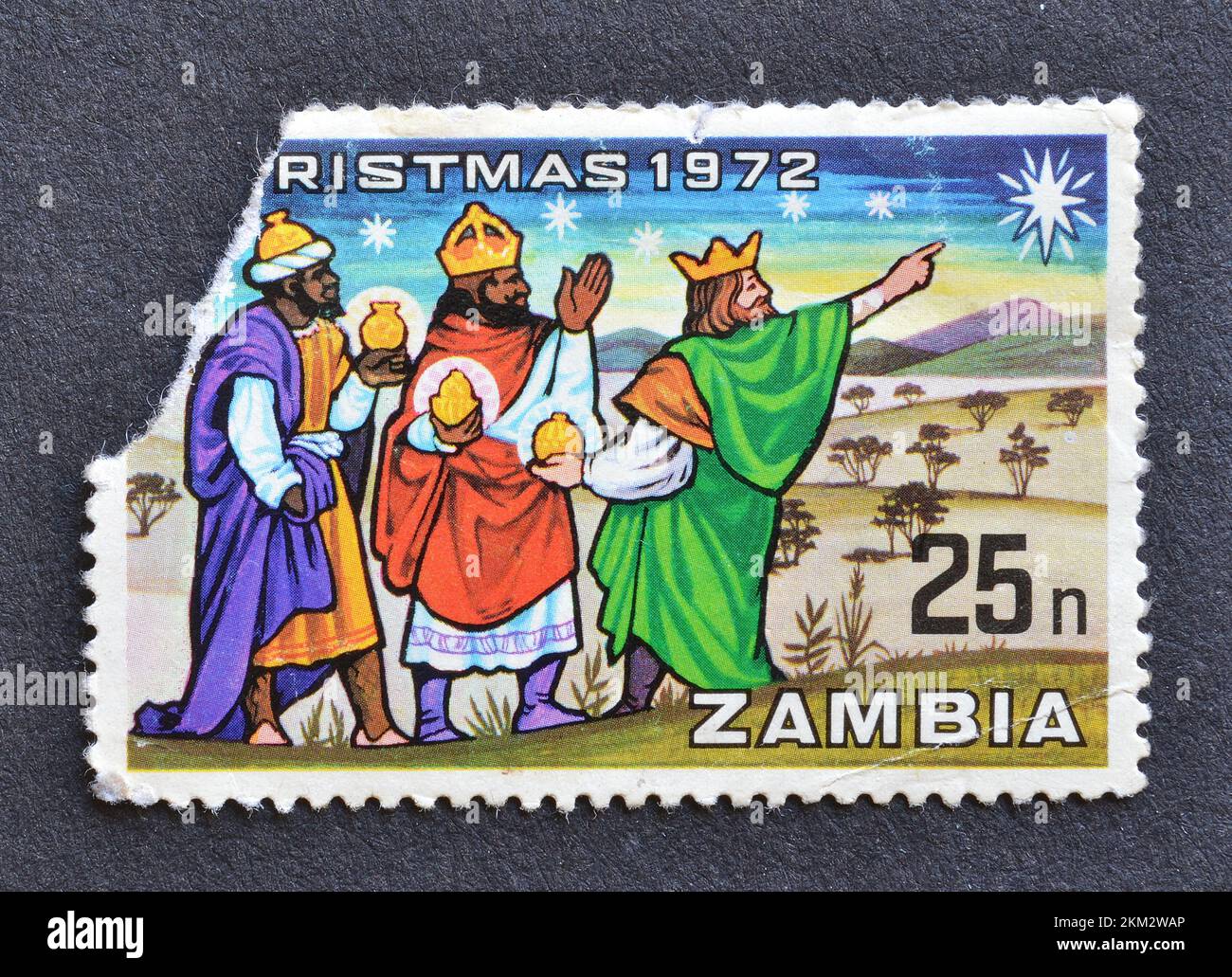 Damaged postage stamp printed by Zambia, that shows The Three Wise Men ...