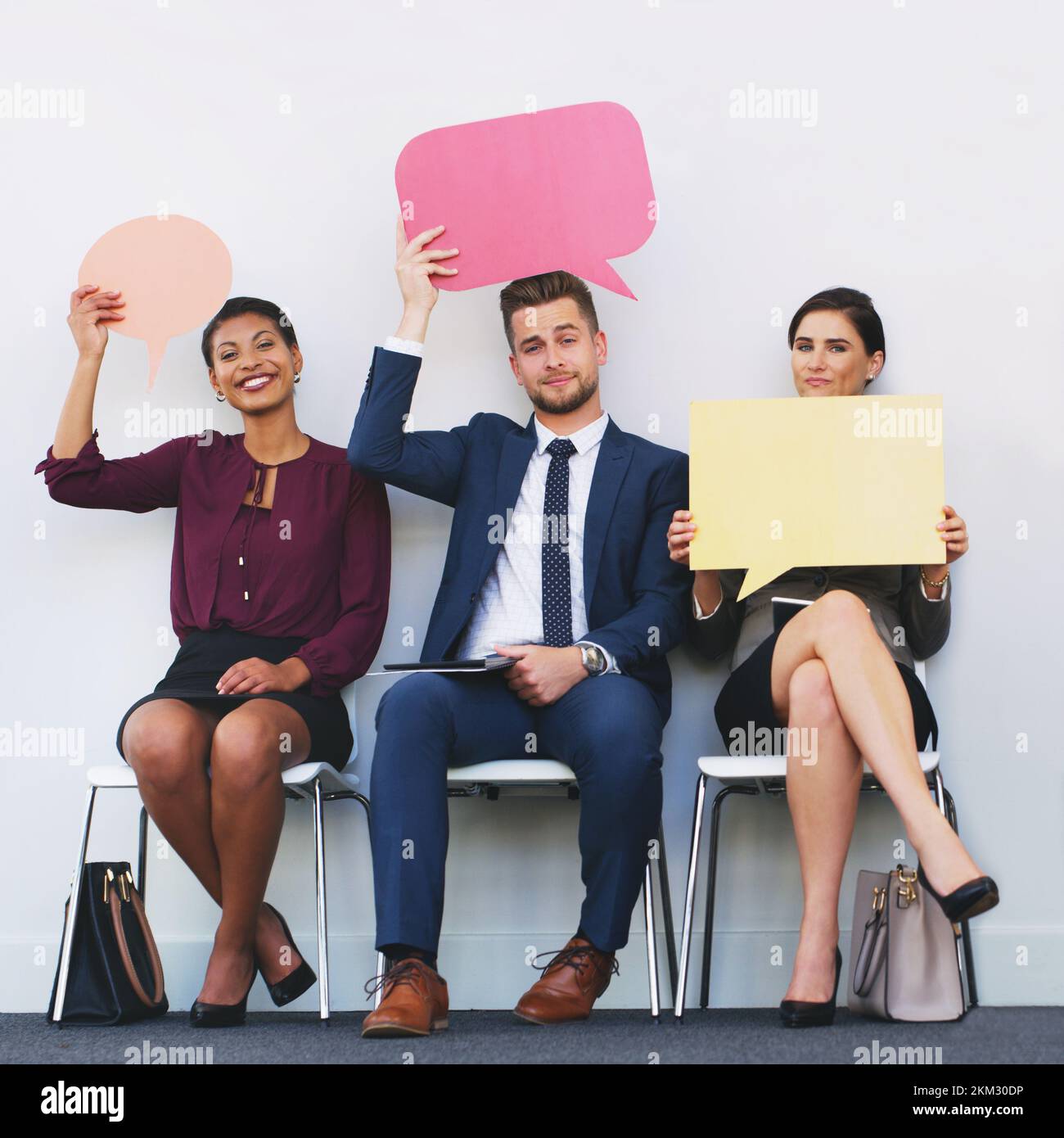 Business interview, speech bubble and marketing mockup group for social ...