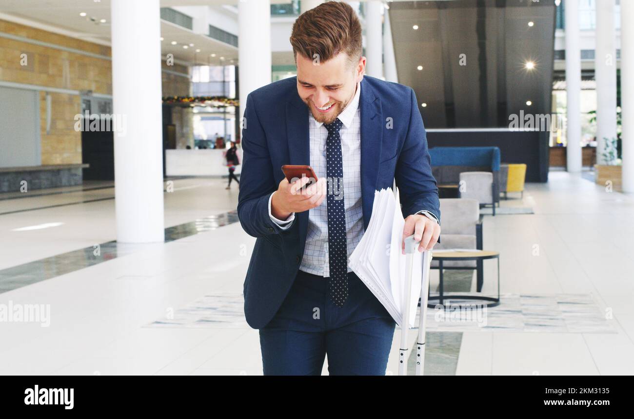 Phone, good news and happy businessman in celebration of work promotion ...