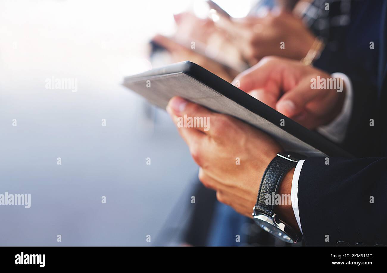 Hands, corporate or business people with tablet for communication ...