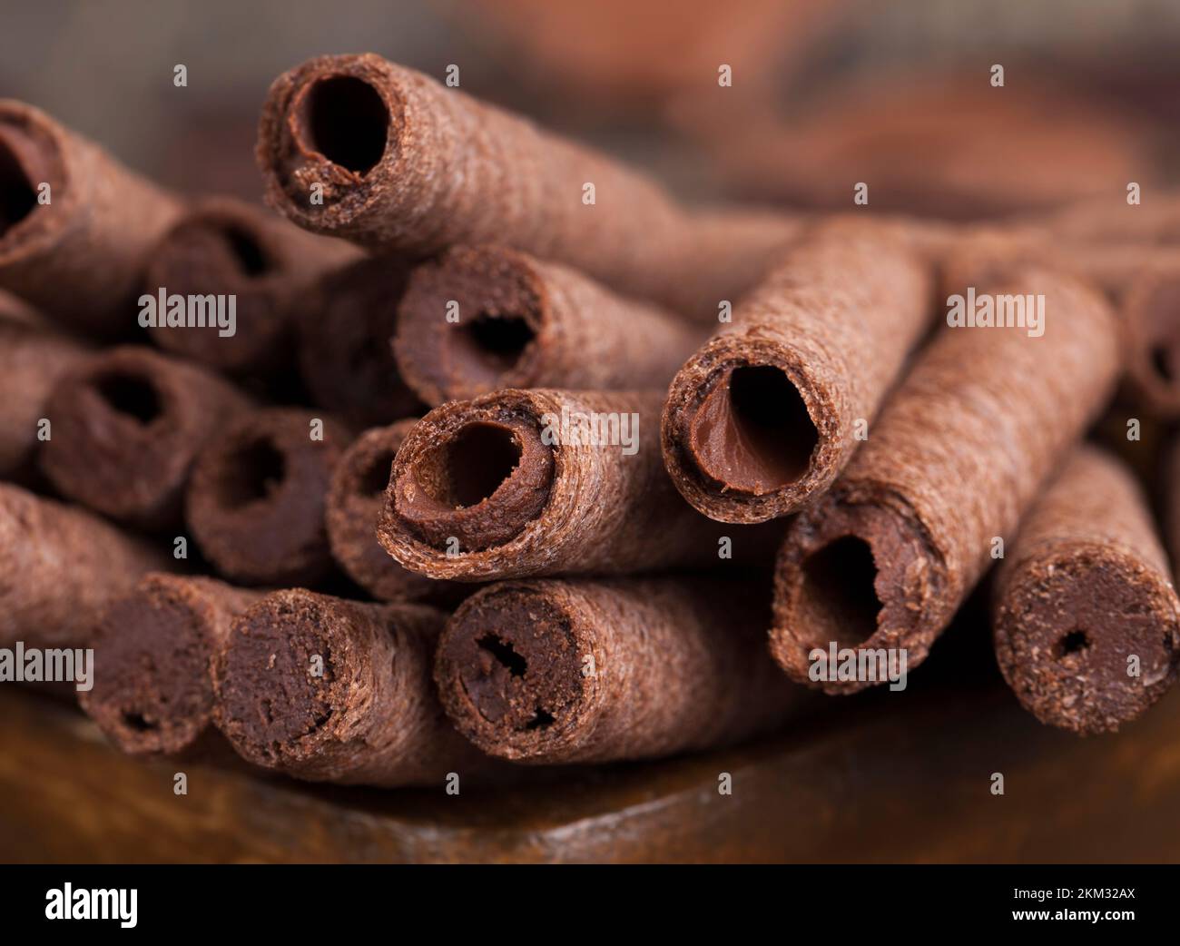 chocolate tubes with chocolate filling, dessert of chocolate waffle ...
